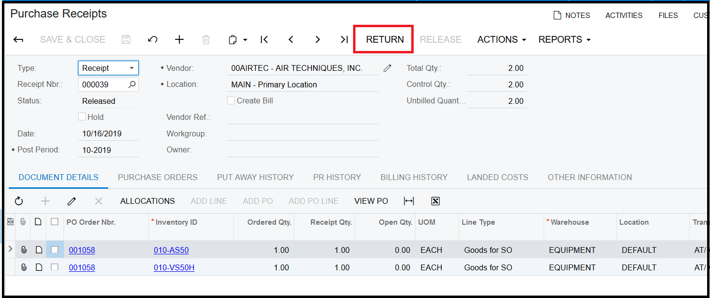 How to Return Items in the Purchase Orders Module